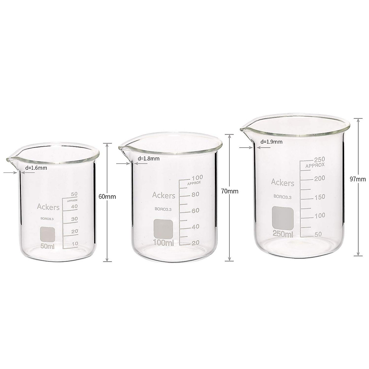 Ackers Boro3.3，Griffin Low Form Scientific Glass Beaker Set-50ml,100ml,250ml,500ml,1000 mL (Pack of 5)