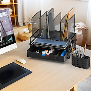 SimpleHouseware Mesh Desk Organizer with Sliding Drawer, Double Tray and 5 Upright Sections, Black