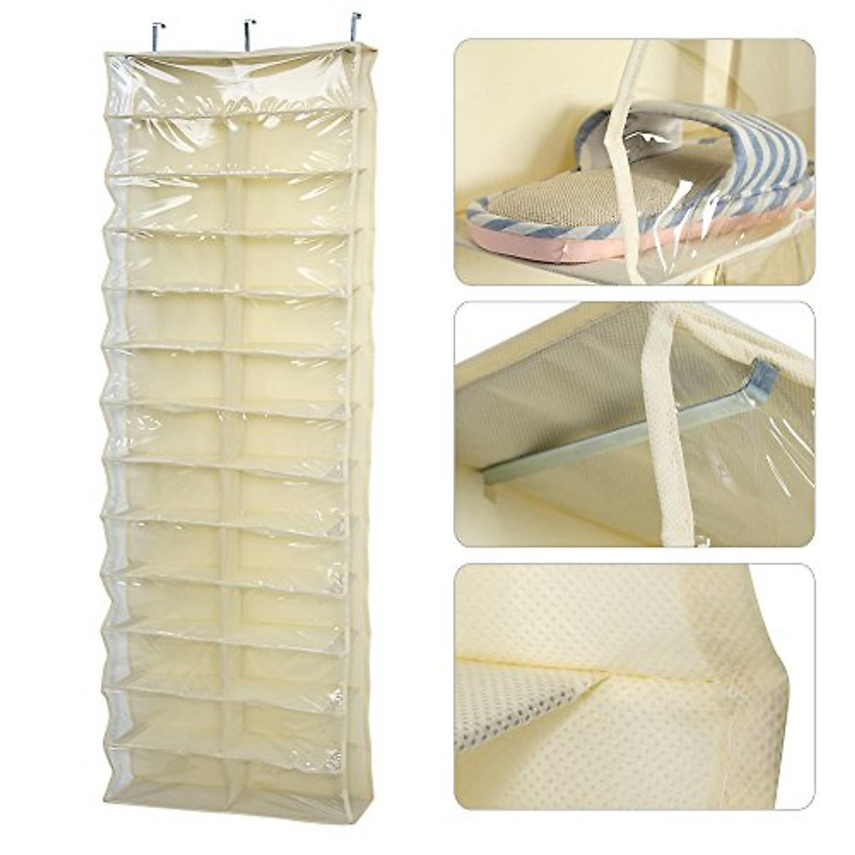Yuecoom Hanging Shoe Organizer Over Door, 26 Large Pocket Shoe Rack Closet Shoes Hanger Non-Woven Transparent Storage Bag(Beige)