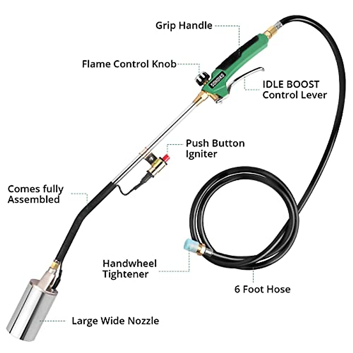 Sondiko Propane Torch Kit, Weed Torch, Heavy Duty Blow Torch with High Output 800,000 BTU, 6.5FT Hose, Flame control valve for Garden Stumps Wood Ice Snow Roofing