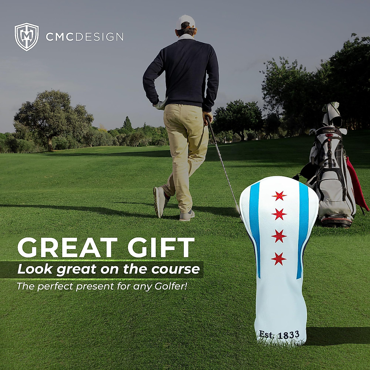 CMC Design Custom Chicago Flag Embroidered Golf Driver Head Cover - Glove Soft Lining - Design Elements Include Applique and Embossing - Great Fit for Any Club as Golf Head Covers, Wood Driver Cover