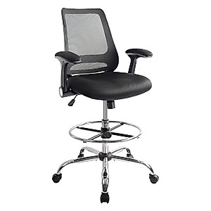 Drafting Chair, Height Adjustable Tall Office Chair, Standing Desk Chair with Adjustable Foot Ring and Flip-Up Arms, Black