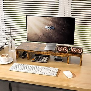 TEMI Monitor Stand Riser for 2 Monitors, Dual Monitor Riser Wood for Desk Standing, Wooden Computer Monitor Riser with Adjustable Angle and Length for Laptop, Computer, TV, PC and More (Rustic Brown)