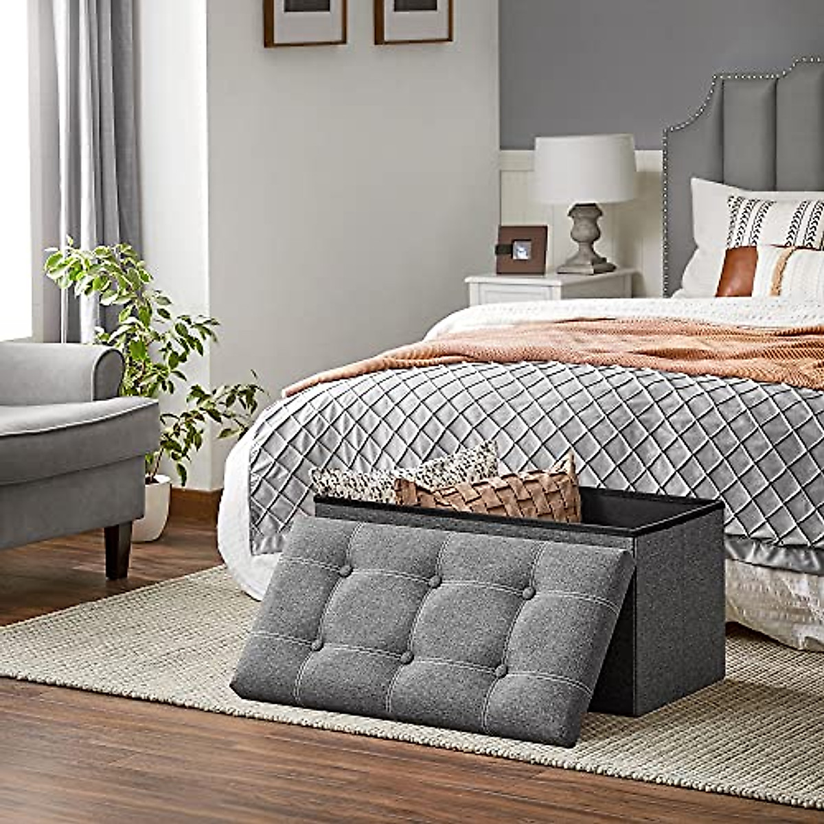 SONGMICS Ottoman Storage Bench, 21 Gal. Folding Chest with Breathable Linen-Look Fabric, Holds 660 lb, for Entryway, Living Room, Bedroom, Dark Gray ULSF001G01