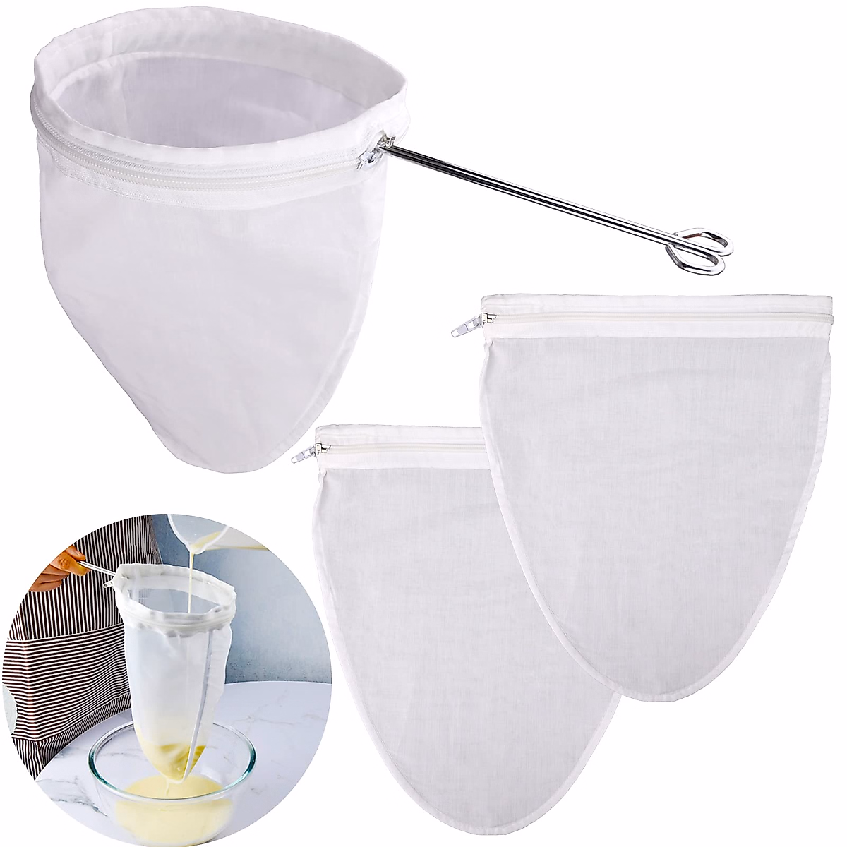 WMKGG Ultra Fine Reusable Filter Bags with Stainless Steel Handle for Nut Milk, Coffee, Milk, Butter, Juices and Fresh Cheese