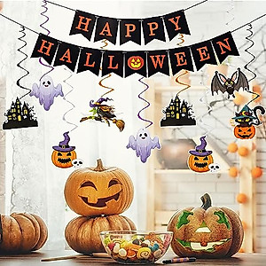 Lucleag 12Pcs Halloween Hanging Swirls Decorations & Halloween Banner, Pumpkin Bat Witch Ghost Hanging Decor Happy Halloween Banner for Ceiling Wall, Hanging Decoration for Halloween Party Supplies