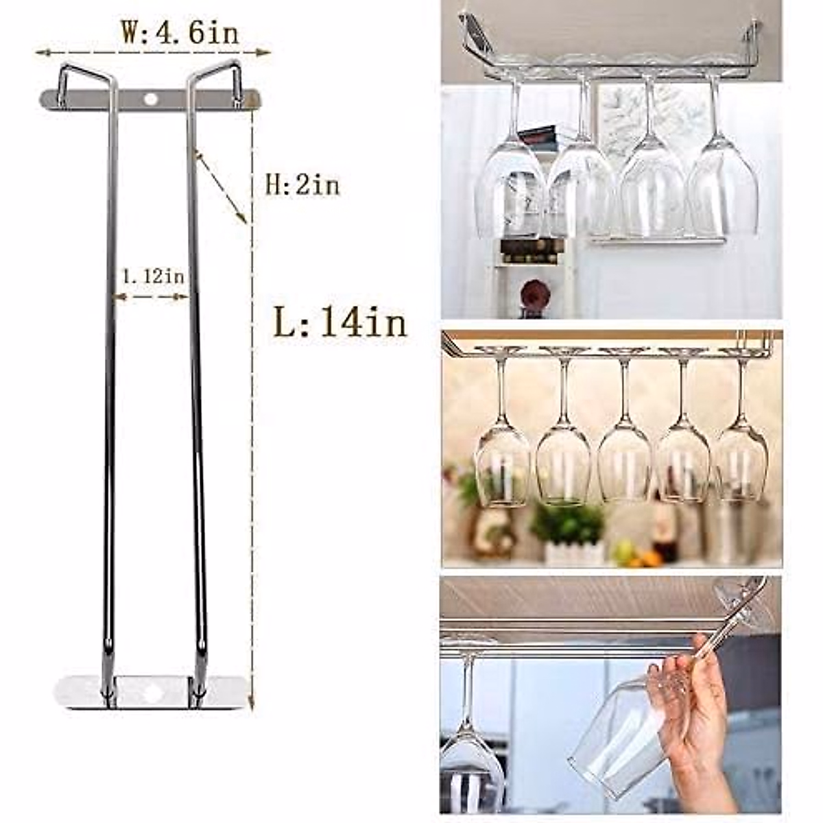 14-Inch Gold Wine Glass Rack, Under Cabinet Wine Glass Holder Stainless Steel Stemware Rack - Hanging Stemware Holder for Cabinet Kitchen Bar, Set of 2