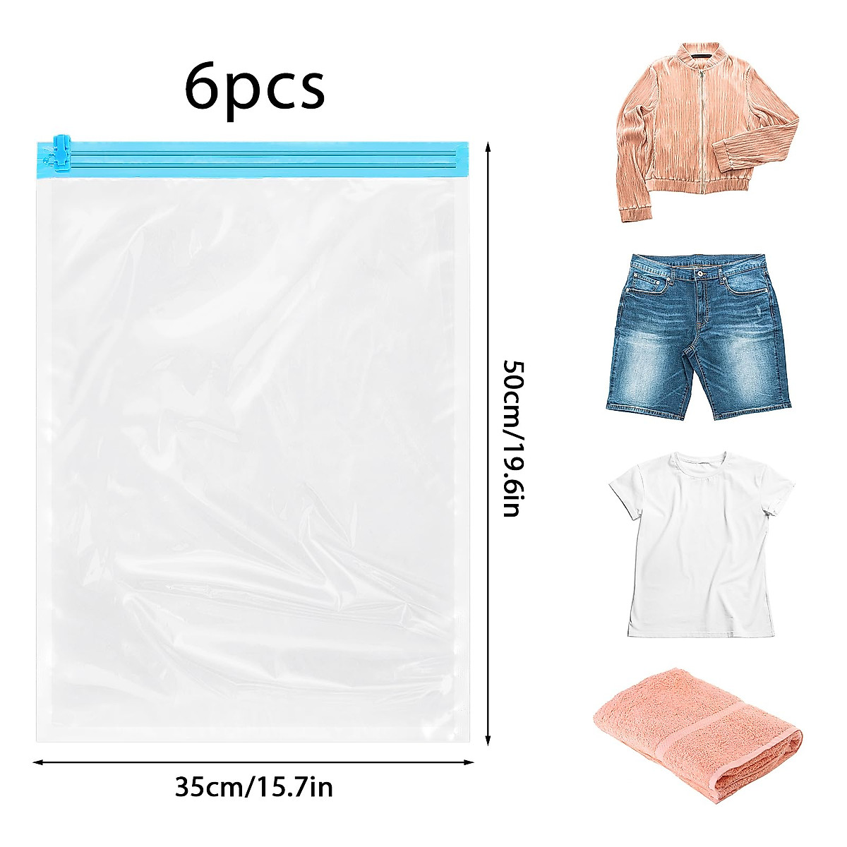 Prasacco 6-Pack Space-Saver Bags, 19.7x13.8inch/50x35cm, Reusable Roll-Up Storage Bags, Compression Bags for Travel, Transparent Blue, Zipper Closure, Nylon & Plastic Polyethylene