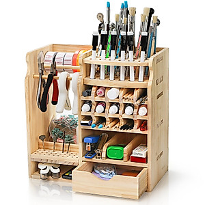 Mezchi Wooden Screwdriver Organizer Holder, 50 Slots Workbench Organizer with Drawer, Small Tool Organizer Storage, No Assembly Required Paint Brush Holder, Hobby Organizer for Paint Brushes, Tools