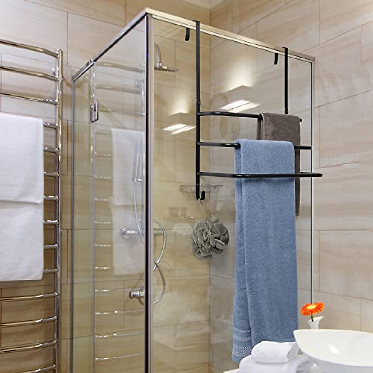 Over The Door Towel Rack Bathroom Towel Rack Holder with 2 Hooks Over The Door Hooks Organizer Hanger for Bathroom, Living Room, Bedroom Decor, Bathroom Accessories, Black