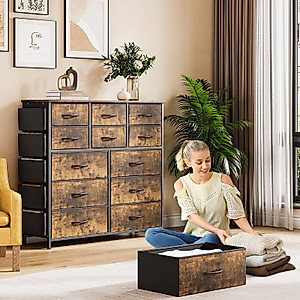 12 Dresser for Bedroom, Chest of Drawers for Bedroom with Side Pockets and Hooks, Fabric Storage Dresser, Sturdy Steel Frame, Wood Top, Easy Pull Handle (Rustic Brown)