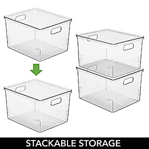 mDesign Large Plastic Stackable Bathroom Cabinet Storage Bin Box with Handles/Lid, Drawer Stacking Organizer for Soap, Lotion, Towels, and Accessories, Ligne Collection, 2 Pack, Clear