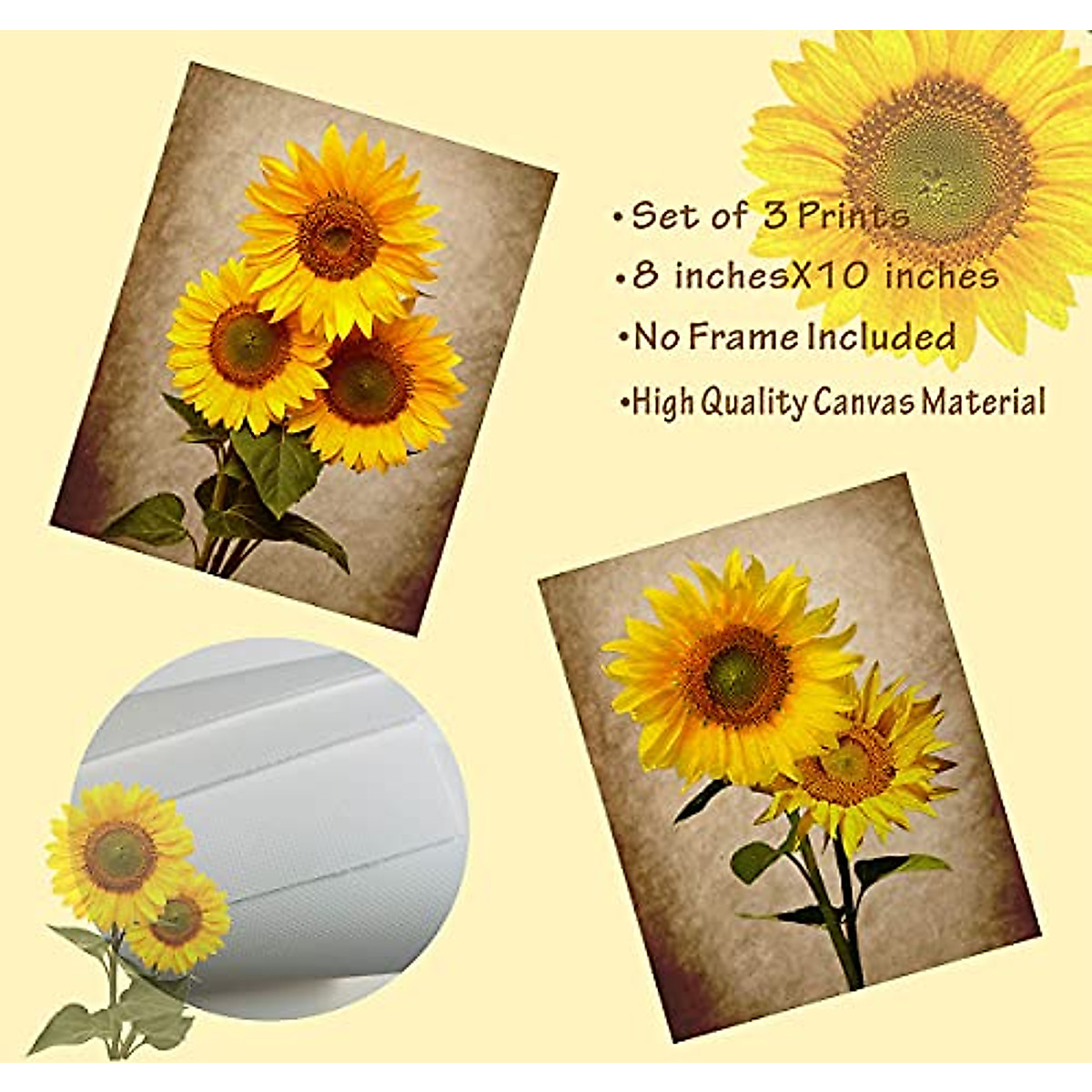 Barri Design Sunflower Decor Wall Art Prints Set of 3(8" x 10" Sunflowers Canvas Wall Art Sunflower Wall Pictures for Bedroom Kitchen Living Room Wall Decorations (Unframed)