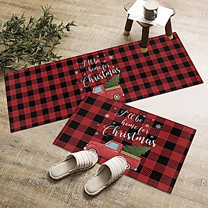 LooPoP Kitchen Rugs and Mats Sets of 2 Christmas Non-Slip Rubber Backing Area Rugs Washable Runner Carpets for Floor, Kitchen Truck Tree Snowflake Red Blank Lattice 15.7x23.6+15.7x47.2inch