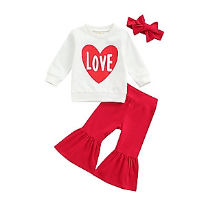 oneflow Toddler Baby Girls Valentines Day Outfits Love Heart Print Shirt Pullover Top Flared Pants Fall Spring Clothes Set (18-24 Months,A-Red Flared Outfit)
