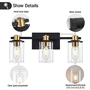 stambord 3 Light Bathroom Vanity Light, Black and Gold Bathroom Light Fixtures, Sconces Wall Lighting with Glass Shade, Modern Brushed Gold Vanity Lights for Bathroom, Bedroom, Hallway