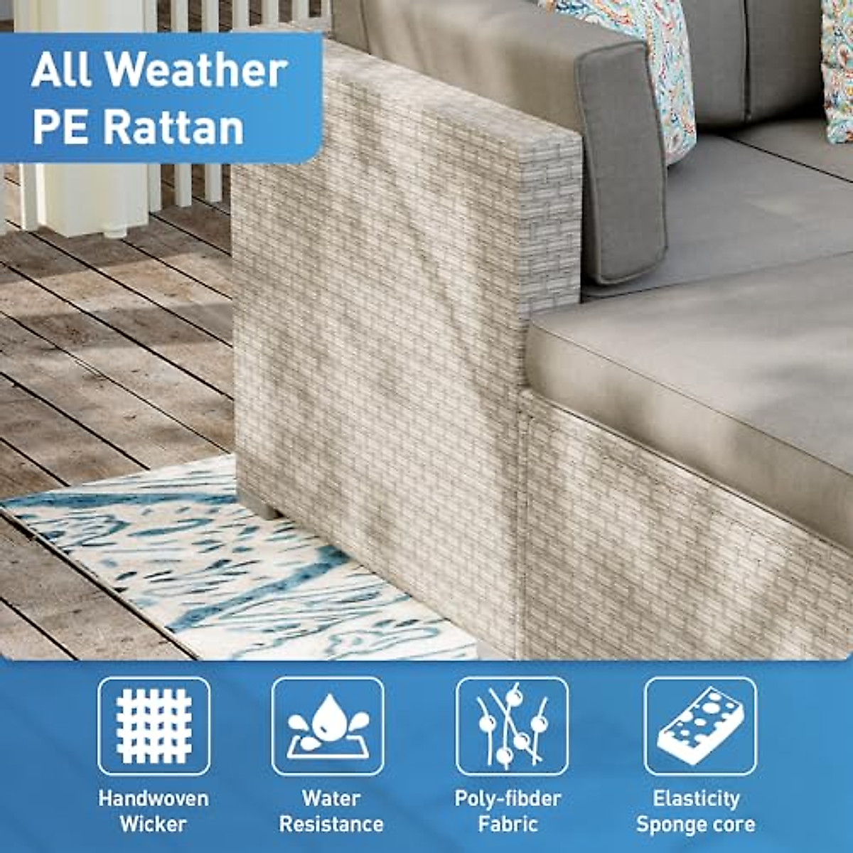 SUNBURY 5-Pieces Outdoor Furniture Set, All-Weather Wicker Patio Conversation Sets Sectional Sofa w 3 Pillows, Cushions, Coffee Table, Ottoman, Patio Furniture Set for Backyard Garden Pool (Grey)