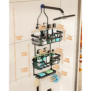 SWTYMIKI 3 Tier Rustproof Hanging Shower Caddy with 16 Hooks & Dual Soap Holder, Large Capacity Over Shower Organizer for Bathroom Shower Room, Black