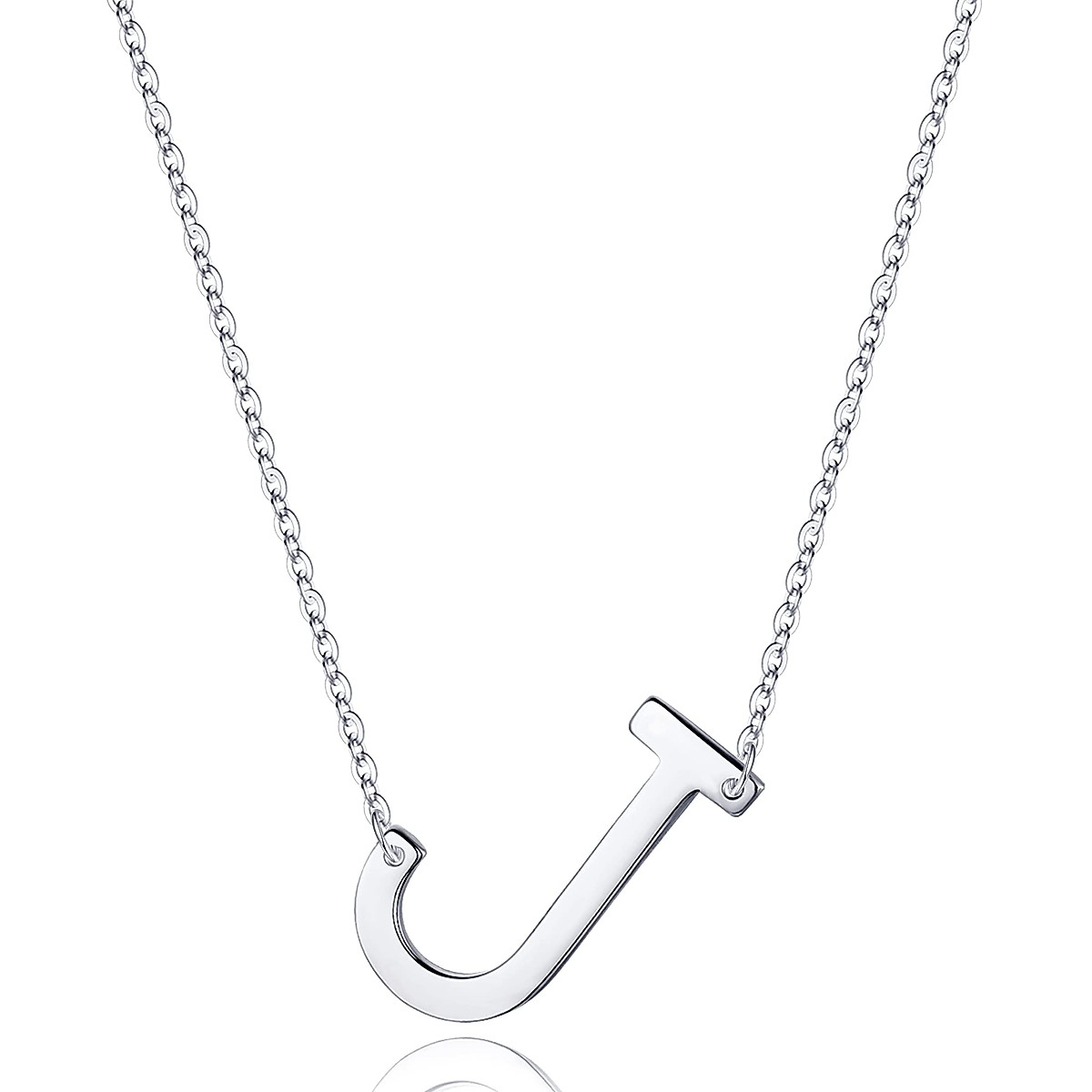 Turandoss S925 Sterling Silver Sideways Initial Necklace for Women, Hypoallergenic Adjustable Chain Necklace with Personalized Minimalist Pendant (J)