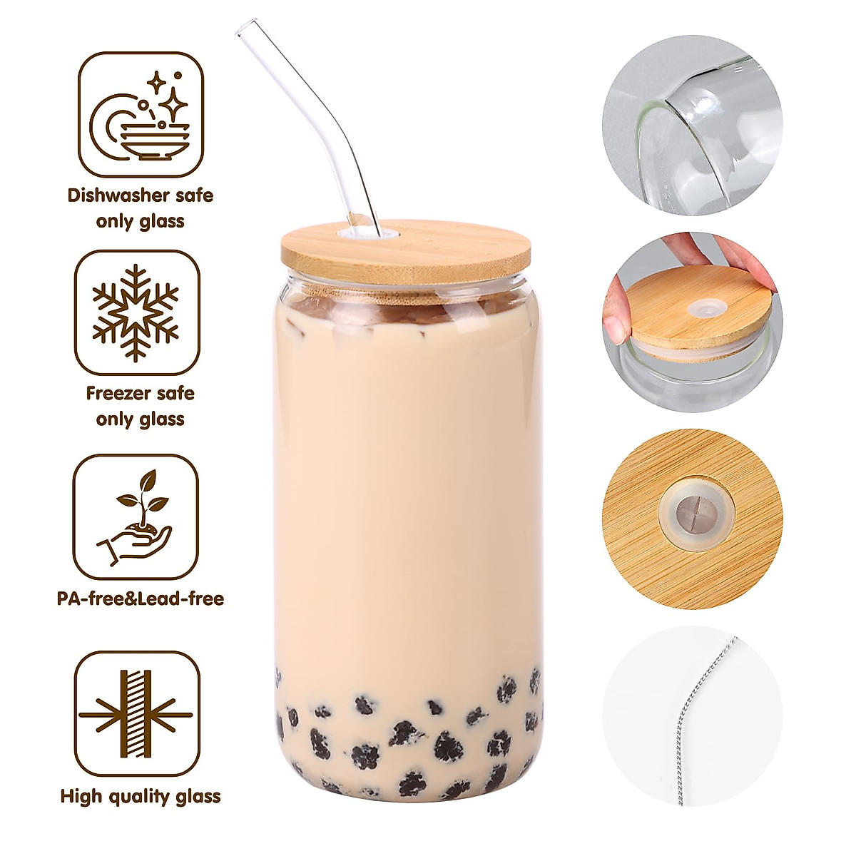 Moretoes 16oz 4pcs Glass Cups with Lids, Drinking Glasses Set with Bamboo Lids