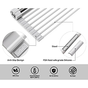 Surpahs Over Sink Foldable Multipurpose Roll-Up Dish Drying Rack, Silicone Wrapped Stainless Steel,Warm Gray, 20.5" x 15.5" (Pack of 2)