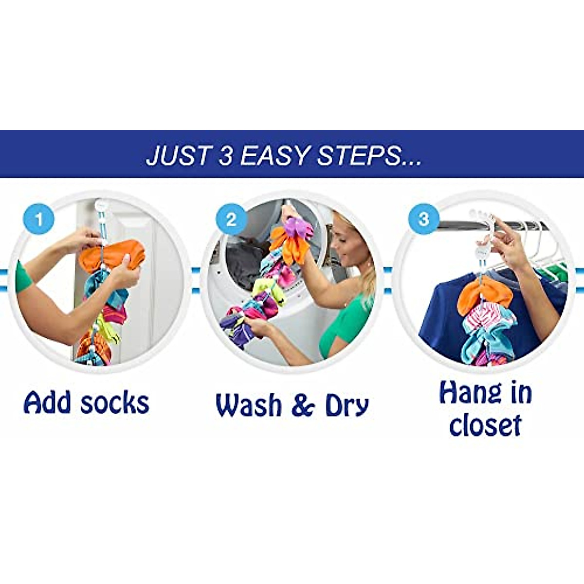 SockDock Sock Laundry Tool & Storage Hanger for Washing Drying & Storing Paired Socks, Clips & Locks, No Sorting or Matching, Foldable Closet Organizer Better Than Mesh Bag, 2-Pack (Blue)