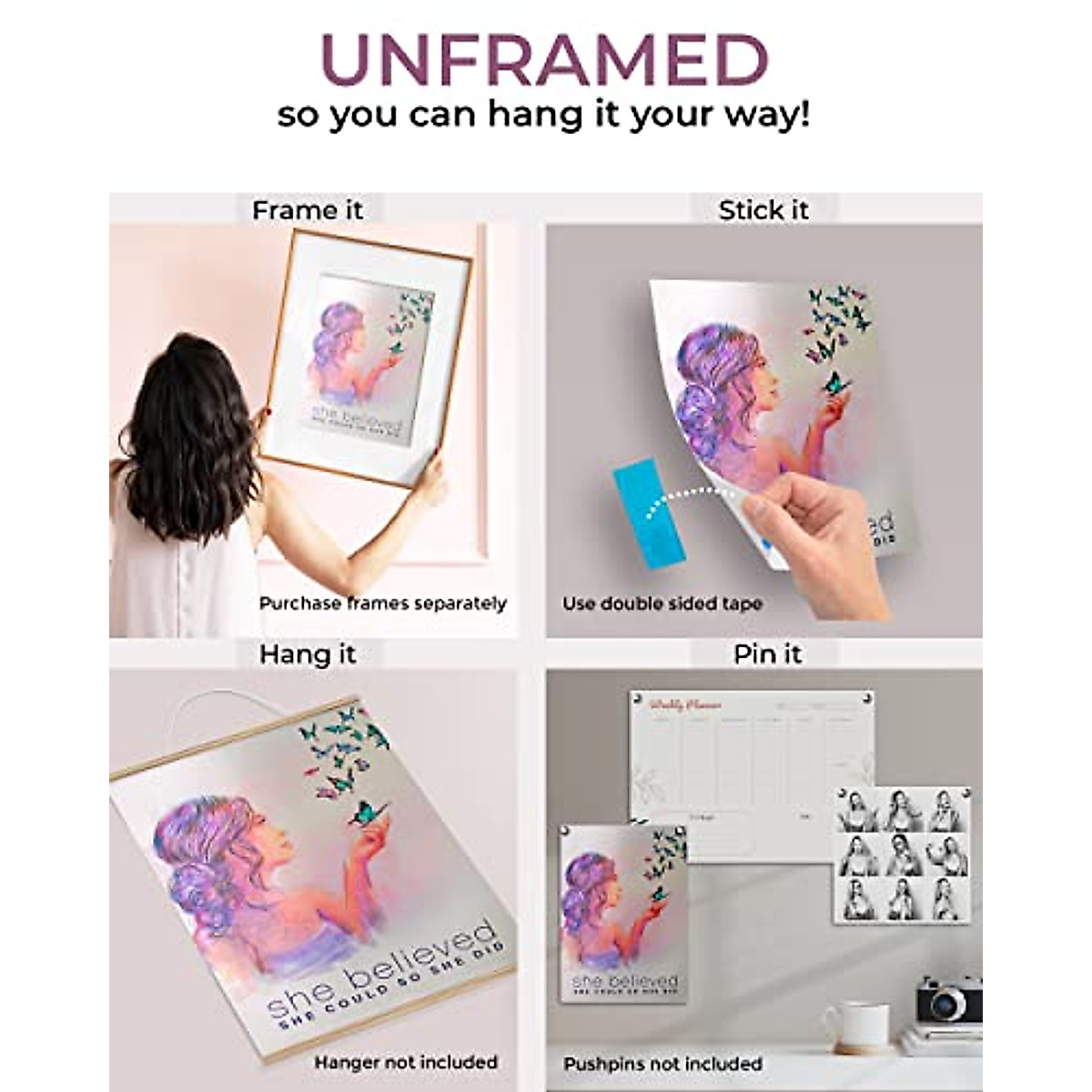 Inspirational 'She Believed She Could So She Did' Wall Art Poster Unframed, Positive Quotes Motivational Wall Decor for Women, Inspiring Girl & Butterflies Bedroom Wall Posters by Briteside Vibes