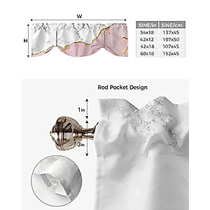 Natural White and Pink Wild Marble Tie Up Valance Curtain for Kitchen-Small Window Shade Valances Adjustable Rod Pocket Windows Treatment for Bedroom Bathroom Gold Line Stone Texture,1 Panel 60x18in