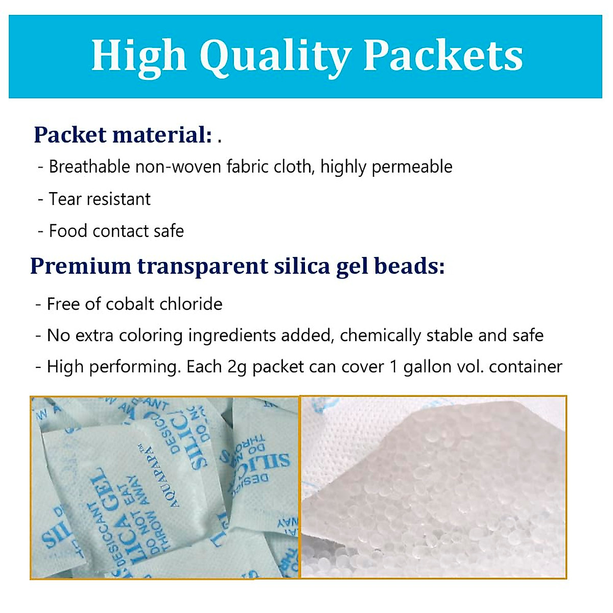 Desiccant Packs 100 Packets 2 Gram Premium Silica Gel Moisture Absorber for Storage Food Contact Safes