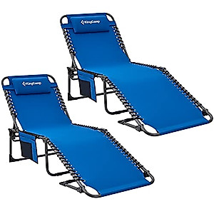 KingCamp Set of 2 Folding Lounge Chair - Adjustable 5 Positions Chaise Lounge Chair for Beach, Sunbathing, Patio, Pool, Lawn, Deck - Lay Flat Lounge Chair for Outdoor/Indoor with Pillow, Blue