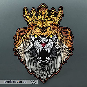 EMBROVERSE Royal Lion Large Back Patch - Golden King Crown - Angry Wild Animal Head - Embroidered Iron On - 11.6 x 15.4 inches