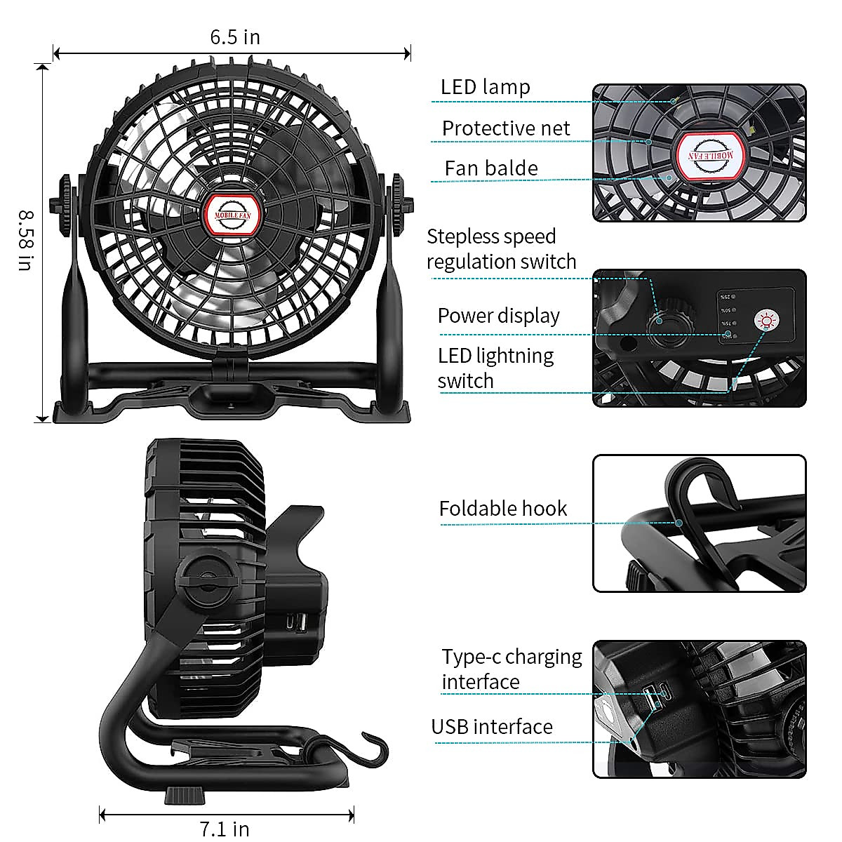 sunvito Outdoor Floor Fan with Light, 8 Inch Portable Battery Operated High Velocity Industrial Fan with hook, Rechargeable Floor Fan for Garage, Camping, Gym, Indoor (fan00001)