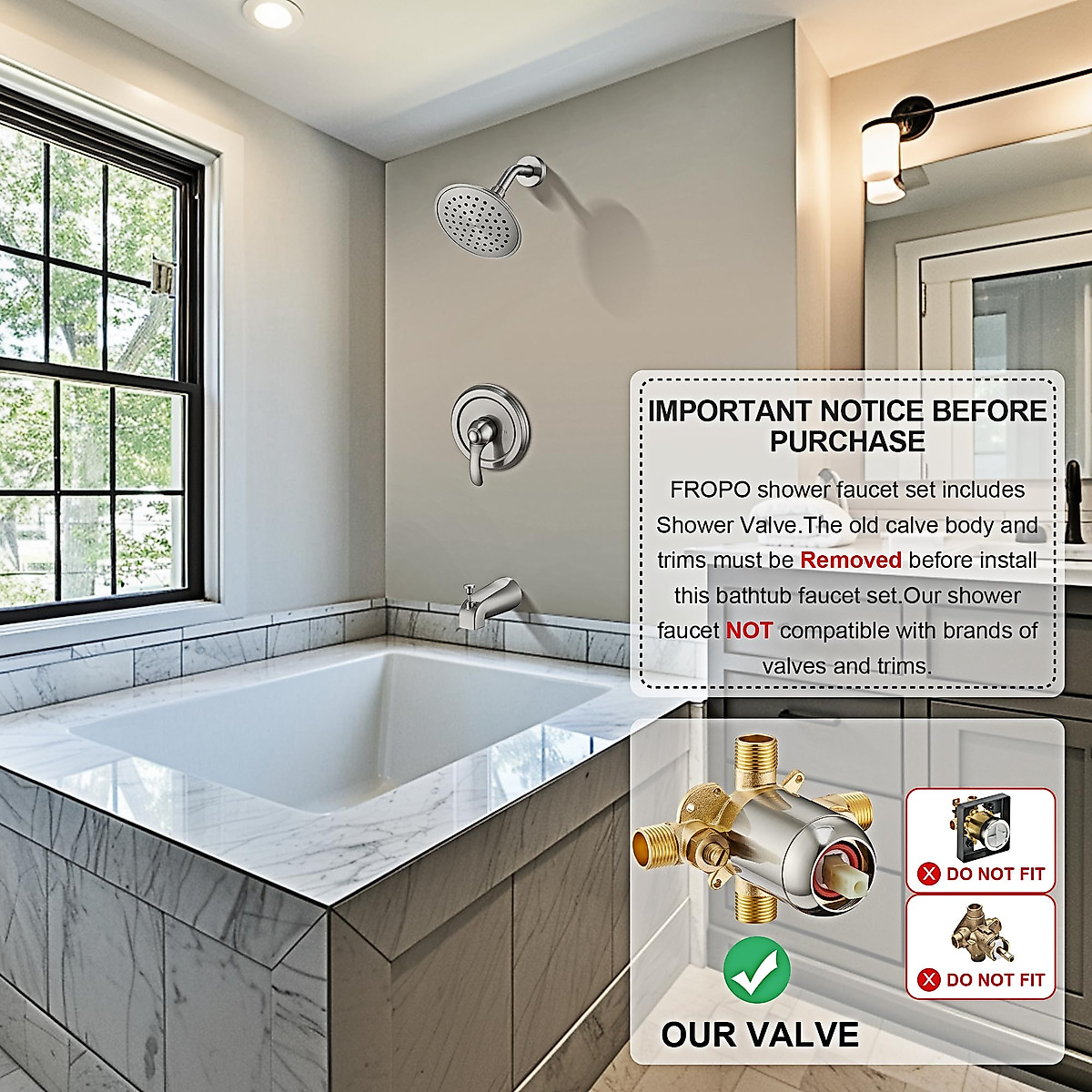 FROPO Tub Shower Faucet Set with Valve, 6-Inch Shower Head and Handle Set Brushed Nickel, Single-Handle Tub and Shower Trim Kit with Touch-Clean Rain Shower Head and Tub Spout