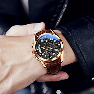 Black Watch for Men Large Face Brown Leather Band Watches with Date Stainless Steel Fashion Men's Chronograph Watches Rose Gold Waterproof Luminous Easy Read Mens Multifunction Aviator Watch for Men