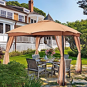 FAB BASED 10x12 Gazebo for Patio, Double Vent Canopy Gazebo with Privacy Netting Screen, Outdoor Heavy Duty Steel Patio Gazebo, Waterproof and Portable Gazebo for Deck Backyard Lawn and Garden (Khaki)