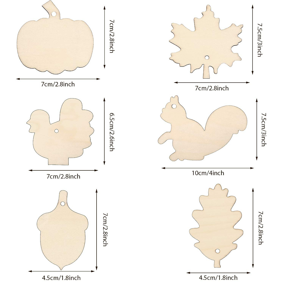 60 Pieces Thanksgiving Unfinished Wooden Ornaments Maple Leaves Pumpkin Wood Cutout Squirrel Acorn Blank Wooden Ornament for Thanksgiving Fall Party DIY Decor Supplies, 6 Styles