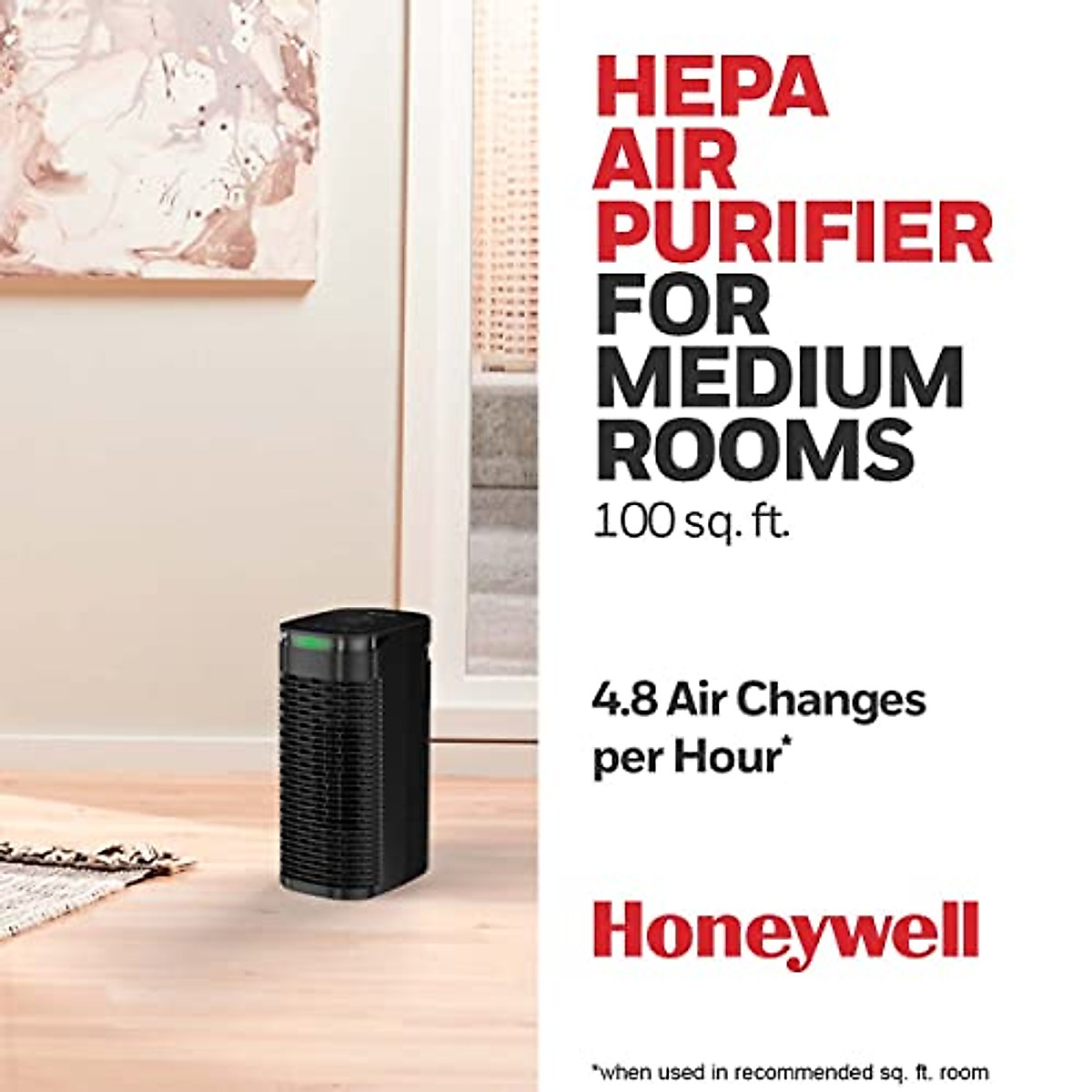 Honeywell HPA080 InSight HEPA Air Purifier with Air Quality Indicator and Auto Mode, Allergen Reducer for Medium Rooms (100 sq ft), Black - Wildfire/Smoke, Pollen, Pet Dander & Dust Air Purifier