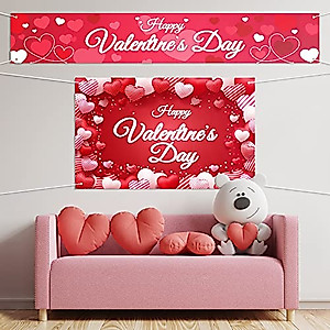 Valentines Day Banner Decor, Happy Valentine's Day Backdrops Banner Decoration, Large Yard Fence Banner & Backdrops Photography for Home, Hanging Red Heart Valentines Day Party Romantic Decor Favor