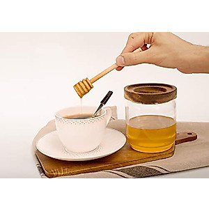 Honey Jar Pot Glass Holder Dispenser Set with Wooden Dipper Stick and Acacia Lid Cover for Home Kitchen, Clear, Modern Honey Syrup Glass Container for Storage Gift, Honey Pot and Drizzler (9 Oz)