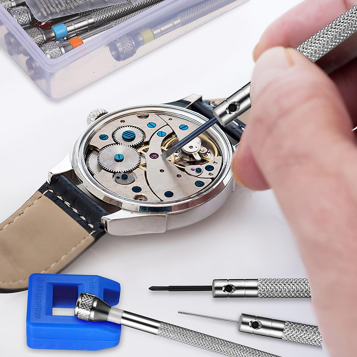 UKCOCO 13pcs Micro Precision Watch Screwdriver Set, with 13pcs Extra Replace Blades and 16pcs Steel Spring Bar Pins Repair Link Tool for Glasses Jewelry Electronics