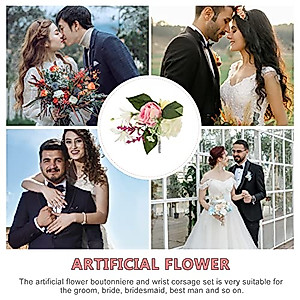 VOSAREA Rose Boutonniere 1 Set Wrist Corsage Boutonniere Set Groom Boutonniere and Bride Wrist Corsage Handmade Artificial Corsage Set Bride Hand Flower Bouquet Pink Prom Corsage Wristlet