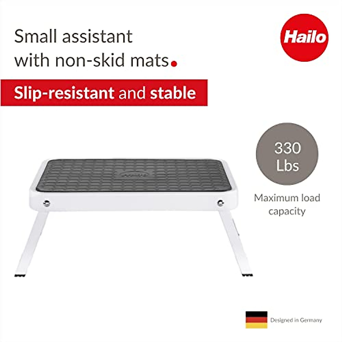 Hailo OneStep | Steel step | One large step with non-skid mat | Folding safety mechanism with unlocking button | Easy storage | Lightweight | White