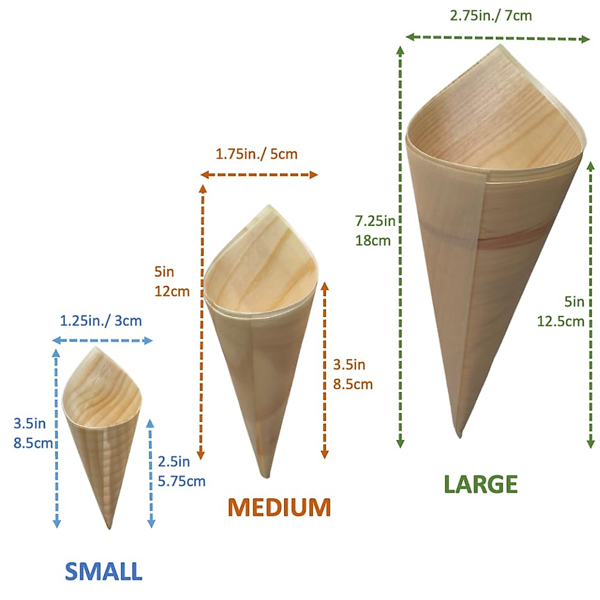 rebEarth Disposable Wood Cones - Heat Resistant Cones for Charcuterie Food, Appetizers & Snacks - Pinewood Cone Cups for Party Food Display, Alternative to Plastic - Small Wooden Cones 7.25" 100 Count