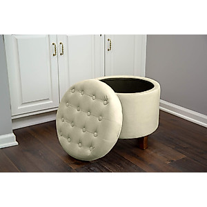 Homepop Home Decor | Upholstered Round Velvet Tufted Foot Rest Ottoman | Ottoman with Storage for Living Room & Bedroom | Decorative Home Furniture, Cream Small