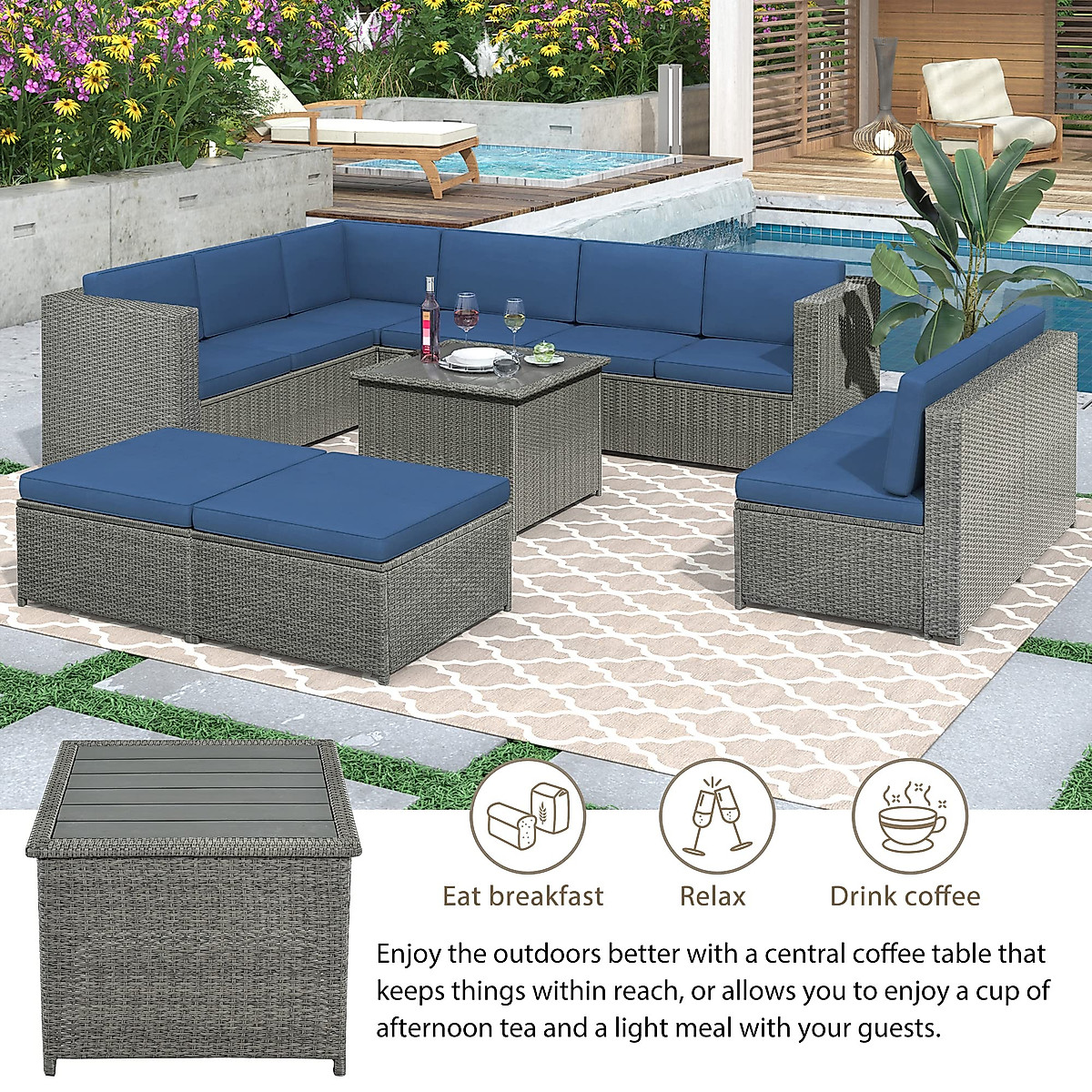 Goohome 9 Pcs Patio Furniture Sets, Outdoor Couch All Weather PE Wicker Ratten Sectional Sofa w/Coffee Table, Comforty Ottoman, for Garden Lawn Backyard, G-Blue Cushions