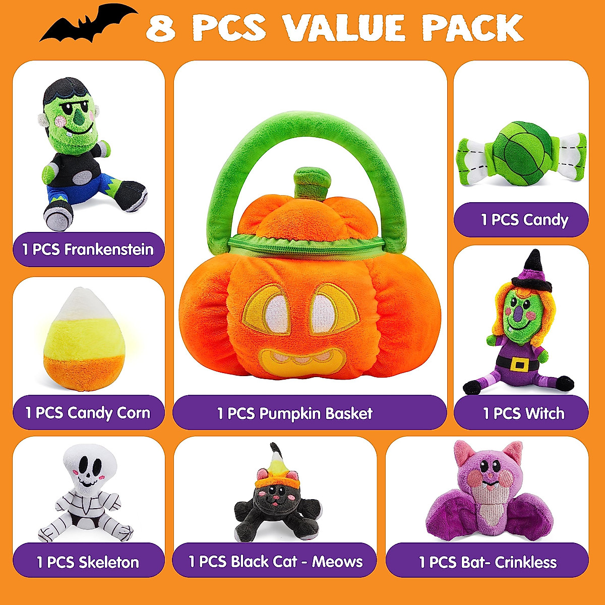 JOYIN Baby's Pumpkin Halloween Playset with 8 Fun Play Pieces, Plush Goodie Bags Stuffers/Fillers, Halloween Party Decoration, Prizes and Gifts for Infants Boys and Girls