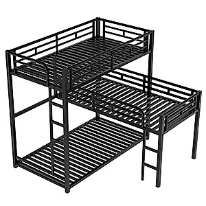 Triple Bunk Beds, L-Shaped Bunk Bed for 3 Kids Adults with 2 Built-in Ladders and Full-Length Guardrails, Space-Saving, Noise-Free Metal Triple Bunk Bed