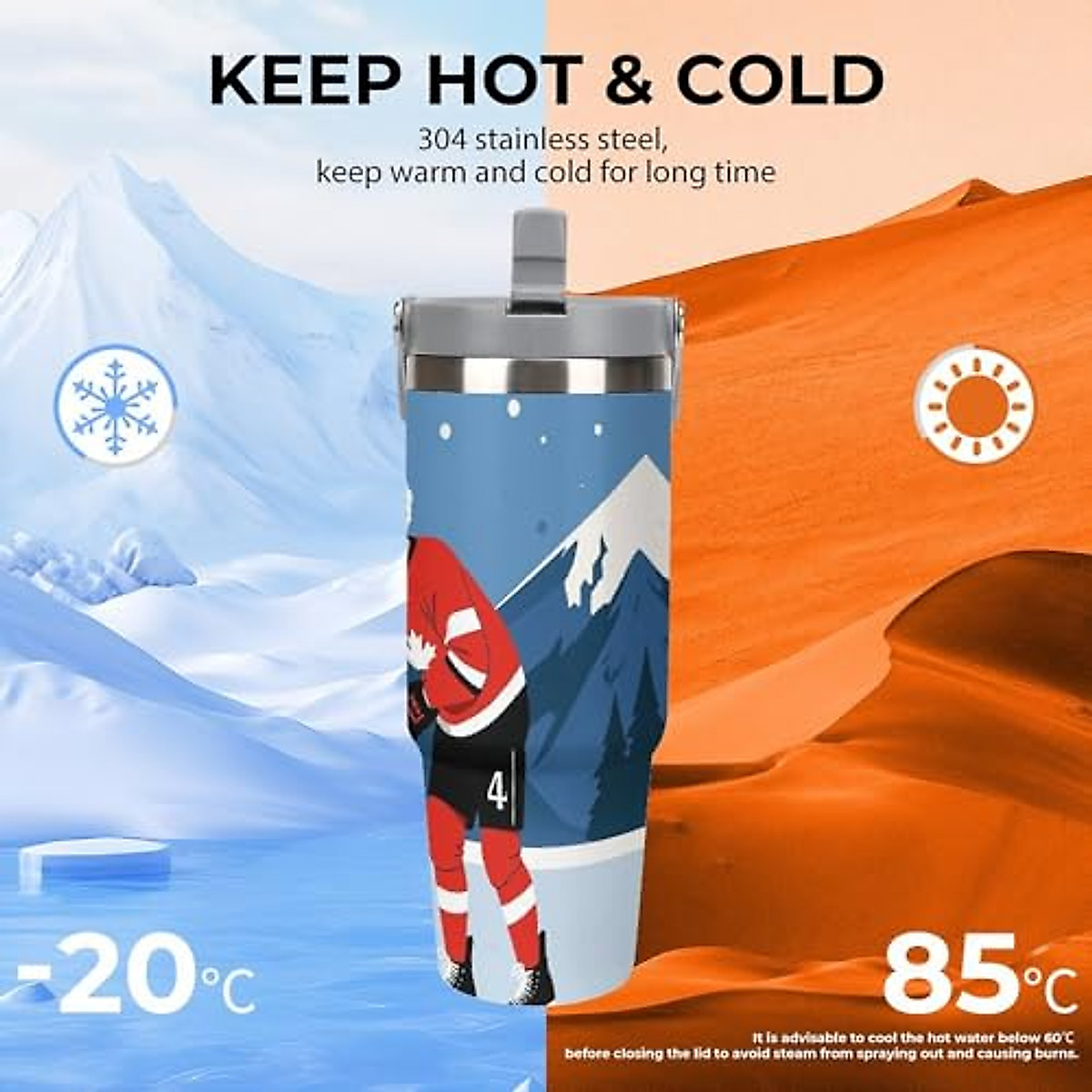 WITHSBKK 30oz Car Cup Ice Hockey Player Printed with Portable, Stainless Steel Travel Mug, Vacuum Insulated Tumbler And Straw, Leakproof for Car & Outdoor, UV Printed Design