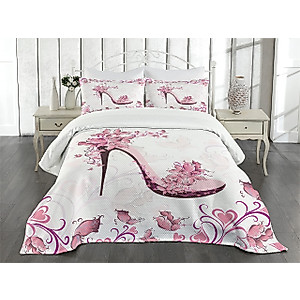 Lunarable Pink and Bedspread, Ornamental Butterflies and Hearts on a High Heel Shoe Feminine Pattern, Decorative Quilted 3 Piece Coverlet Set with 2 Pillow Shams, Queen Size, Pink