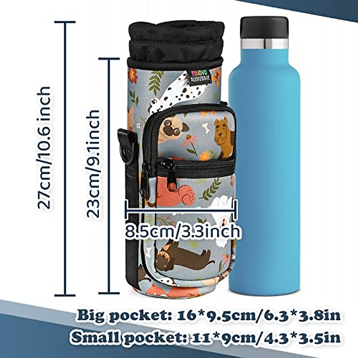Nuovoware Water Bottle Carrier Bag, 25oz/32oz Bottle Pouch Holder, Adjustable Shoulder Hand Strap 2 Pocket Sling Neoprene Sleeve Sports Water Bottle Accessories for Hiking Travelling Camp, Gray Puppy